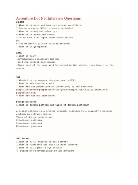 Accenture Dot Net Interview Questions Pdf C Sharp Programming Language Component Object