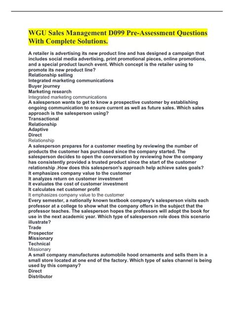 Wgu Sales Management D099 Pre Assessment Questions With Complete Solutions Wgu D099 Stuvia Us