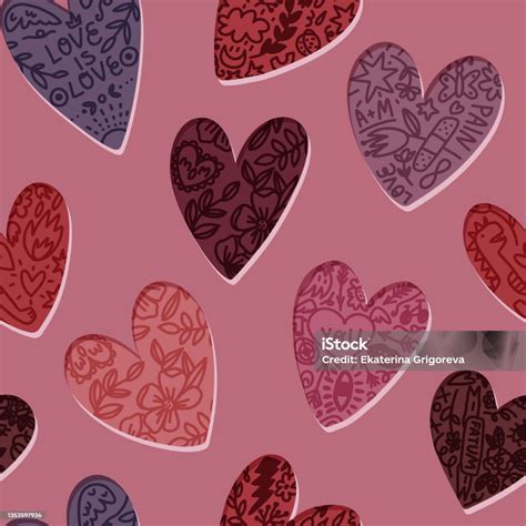 문신 하트 다양한 기호 문구 메시지와 발렌타인 데이 손으로 그린 원활한 패턴 직물 직물 포장지 벽지 인쇄를위한 트렌디 한 모브