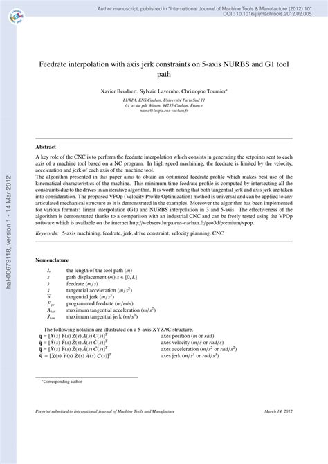 Pdf Feedrate Interpolation With Axis Jerk Constraints On 5 Axis Nurbs