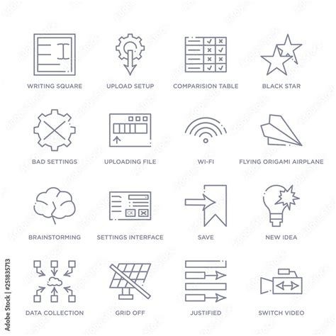 Set Of 16 Thin Linear Icons Such As Switch Video Justified Grid Off Data Collection New Idea
