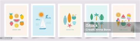귀여운 여름 포스터 카드 세트 아이스크림 수박 바다의 요트 태양 야자수 서핑 보드 해변 어린이 방의 인테리어 프린트 여름 휴가