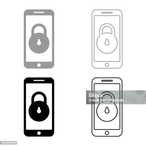 스마트폰 잠금 개인 데이터 보안 사이버 액세스 개념 전화 잠김 핸드폰 자물쇠 사용 설정 아이콘 회색 검정 색상 벡터 일러스트레이션 이미지 단색 채우기 윤곽선 등고선 얇은 플