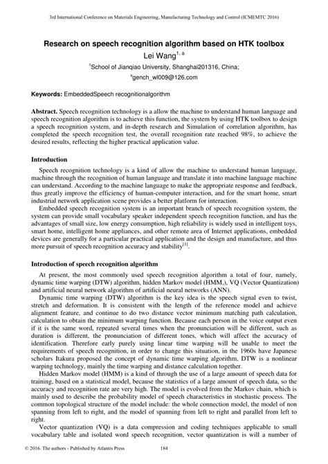 Pdf Research On Speech Recognition Algorithm Based On Htk Toolbox