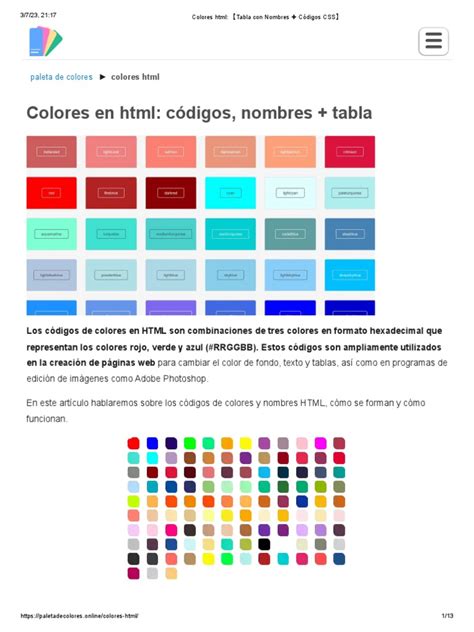 Colores Html 【tabla Con Nombres Códigos Css】 Pdf Color Qualia