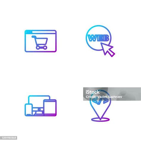 세트 라인 프론트 엔드 개발 모니터 모바일 태블릿 온라인 쇼핑 화면 및 웹 및 그래픽 디자인 그라데이션 색상 아이콘입니다 벡터