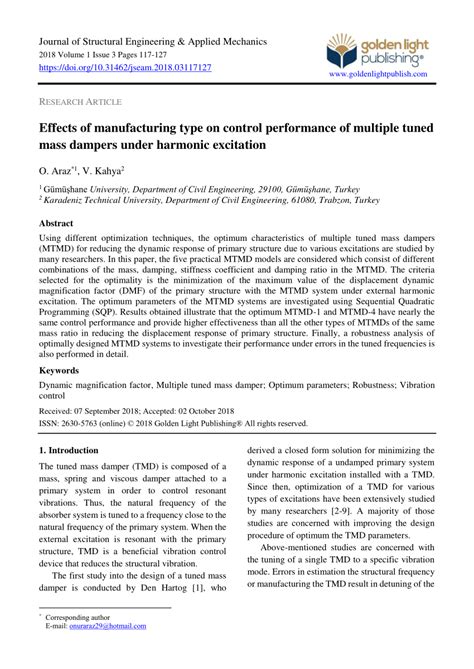 Pdf Effects Of Manufacturing Type On Control Performance Of Multiple Tuned Mass Dampers Under