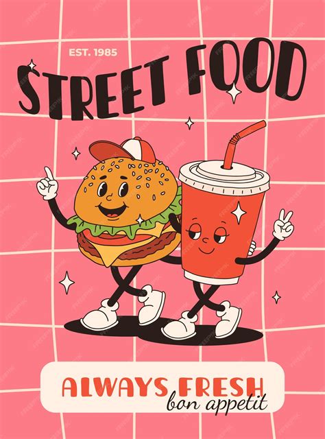 만화 패스트 푸드 포스터 마스코트 음식 캐릭터가 포함된 레트로 그루비 카드 카페용 인용문이 있는 브로셔 디자인 펑키 그루비