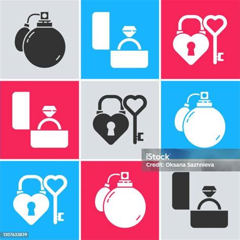 세트 향수 다이아몬드 약혼 반지와 성 및 하트 모양 아이콘의 키 벡터 0명에 대한 스톡 벡터 아트 및 기타 이미지 0명 3