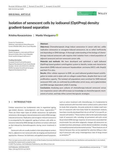Pdf Isolation Of Senescent Cells By Iodixanol Optiprep Density Gradient‐based Separation