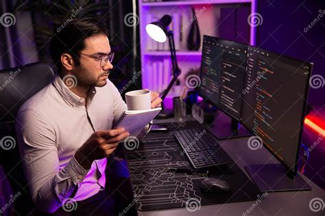 It Working With Drinking Coffee Coding On Pc Screen Reading Note