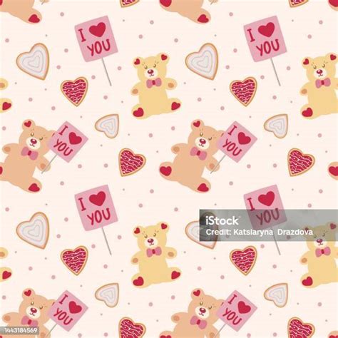 발렌타인 데이 완벽 한 패턴입니다 기호와 하트 모양의 쿠키를 가진 귀여운 곰 포장지 엽서 직물 벽지 직물 등의 패턴 만화 스타일 벡터 일러스트 레이 션입니다 0명에 대한