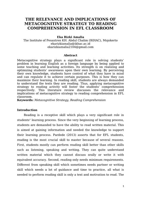 Pdf The Relevance And Implications Of Metacognitive Strategy To Reading Comprehension In Efl