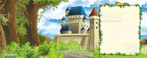 숲 근처의 산 계곡과 어린이를 위한 텍스트 삽화 프레임이 있는 성이 있는 만화 장면 0명에 대한 스톡 벡터 아트 및 기타 이미지 0명 계곡 계절 Istock