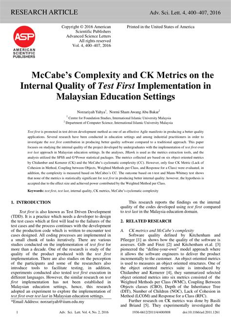 Pdf Mccabes Complexity And Ck Metrics On The Internal Quality Of