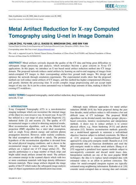 Pdf Metal Artifact Reduction For X Ray Computed Tomography Using U Net In Image Domain