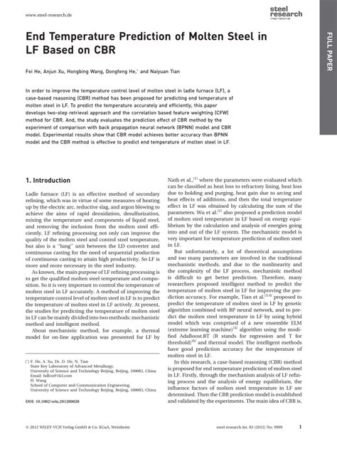Pdf End Temperature Prediction Of Molten Steel In Lf Based On Cbr