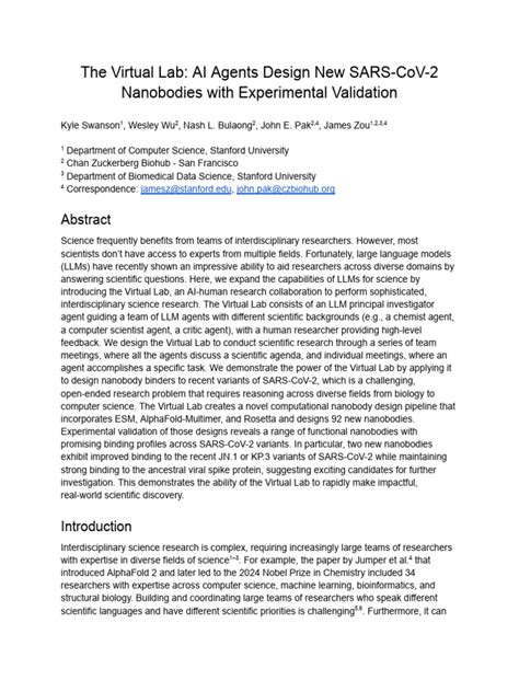 The Virtual Lab Ai Agents Design New Sars Cov 2 Nanobodies With