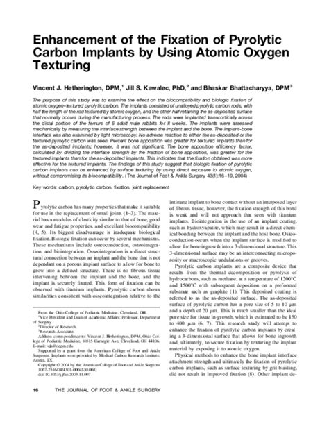 Pdf Enhancement Of The Fixation Of Pyrolytic Carbon Implants By Using Atomic Oxygen Texturing