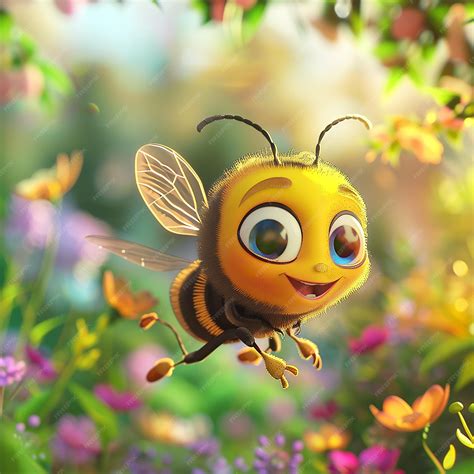 A Cute Bee Flying In The Air In The Style Of Disney Cartoon Character Design In The Pixar Style
