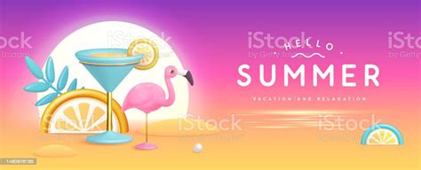3d 플라스틱 칵테일 열대 과일 플라밍고가 있는 여름 파티 배경 벡터 그림 0명에 대한 스톡 벡터 아트 및 기타 이미지 0명