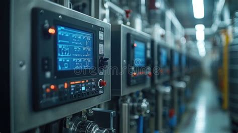 A Row Of Control Panels With Digital Displays In A Modern Industrial Facility Stock Illustration