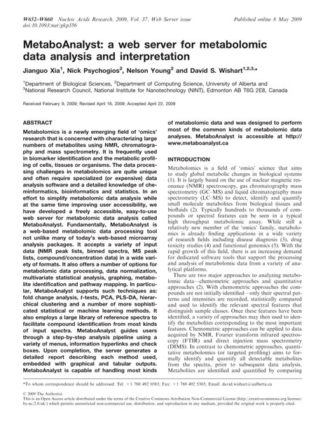 Pdf Metaboanalyst A Web Server For Metabolomic Data Analysis And Interpretation