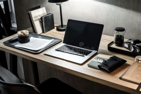 A Tidy Desk With A Sleek Laptop And Minimalistic Accessories Stock
