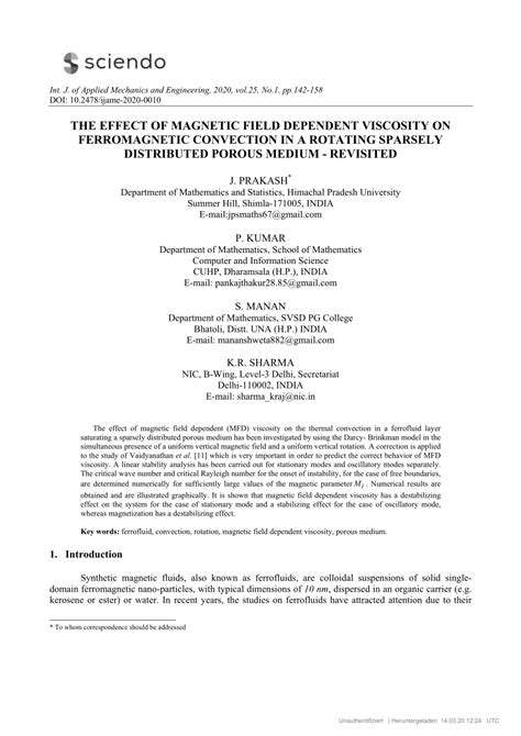 Pdf The Effect Of Magnetic Field Dependent Viscosity On Ferromagnetic Convection In A Rotating