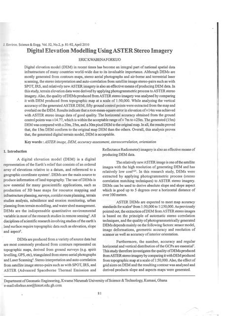 Pdf Digital Elevation Modelling Using Aster Stereo Imagery