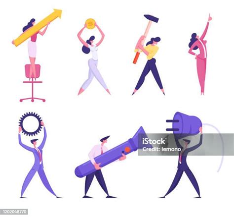 화살표 황금 동전 망치 톱니 바퀴 손전등 및 흰색 배경에 고립 플러그를 들고 사업가의 집합입니다 사업가와 사업가 작업 상황 만화