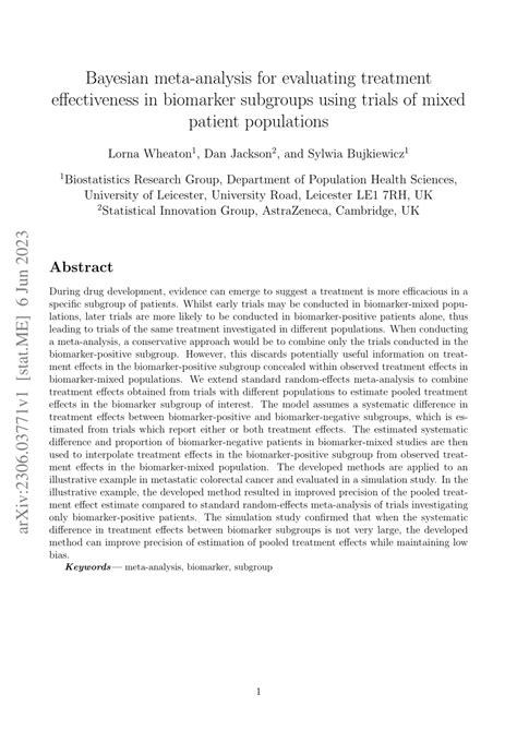 Pdf Bayesian Meta Analysis For Evaluating Treatment Effectiveness In Biomarker Subgroups Using