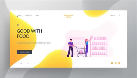 행복한 부부는 상점 웹 사이트 방문 페이지에서 구매를합니다 쇼핑 카트를 밀어 가게 선반 남자에서 제품을 복용 하는 여자 사람들은 슈퍼마켓 웹 페이지 배너를 방문합니다 만화