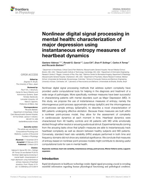 Pdf Nonlinear Digital Signal Processing In Mental Health Characterization Of Major Depression