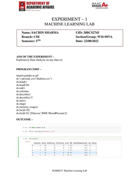 Ml Exp Ml Exp Experiment Machine Learning Lab Aim Of The Experiment Exploratory