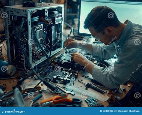 Computer Engineer Meticulously Repairing Desktop Pc Revealing Inner Hardware Workings In