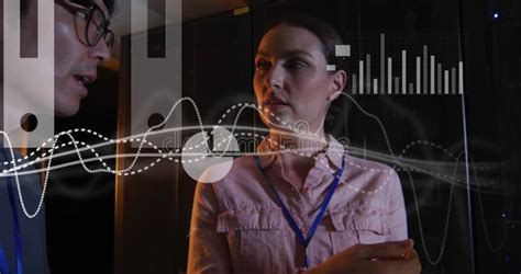 image of data processing and graphs over diverse woman and man working