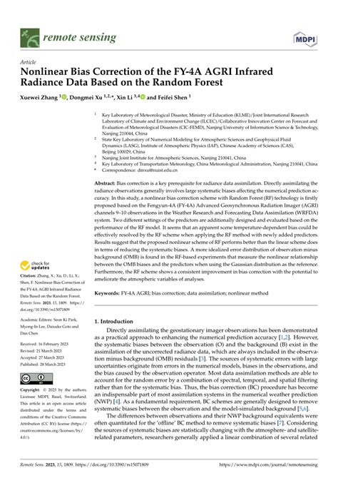 Pdf Nonlinear Bias Correction Of The Fy 4a Agri Infrared Radiance Data Based On The Random Forest