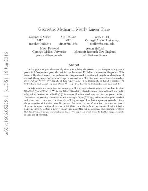 Pdf Geometric Median In Nearly Linear Time