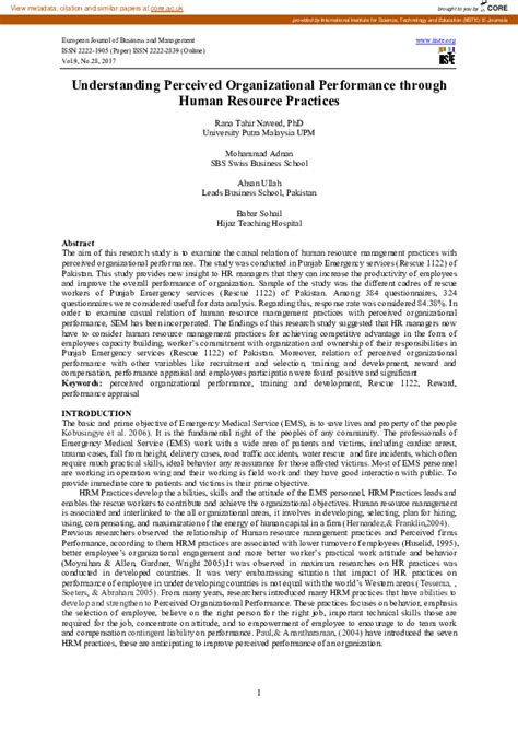Pdf Understanding Perceived Organizational Performance Through Human Resource Practices