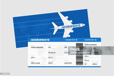 승객 이름과 바코드가있는 현실적인 항공권 탑승권 디자인 템플릿 비행기 블루 컬러 문서 벡터 일러스트에 의해 항공 여행 게이트에 대한 스톡 벡터 아트 및 기타 이미지 Istock