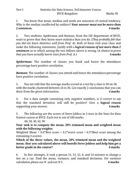 Rvce Aiml 3rd Sem Test 1 Pdf Mean Median