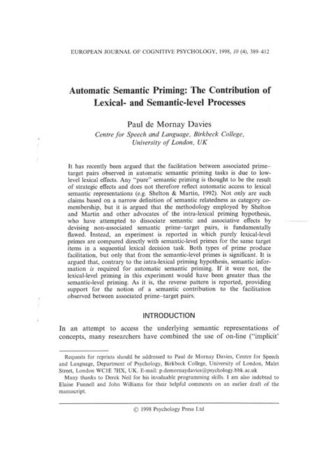 Pdf Automatic Semantic Priming The Contribution Of Lexical And Semantic Level Processes
