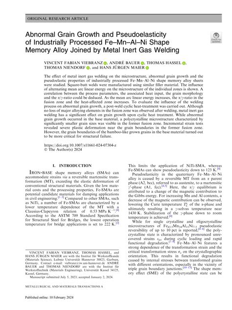 Pdf Abnormal Grain Growth And Pseudoelasticity Of Industrially Processed Fe Mn Al Ni Shape
