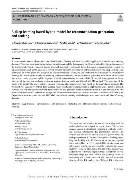 A Deep Learning Based Hybrid Model For Recommendation Generation And Ranking Request Pdf