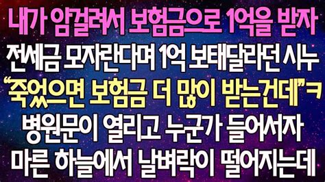 반전 사연 내가 암걸려서 보험금으로 1억을 받자 전세금 모자란다며 1억 보태달라던 시누 병원문이 열리고 누군가 들어서자 마른 하늘에서 날벼락이 떨어지는데 Youtube