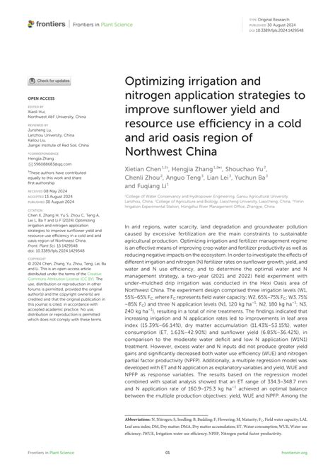 Pdf Optimizing Irrigation And Nitrogen Application Strategies To Improve Sunflower Yield And