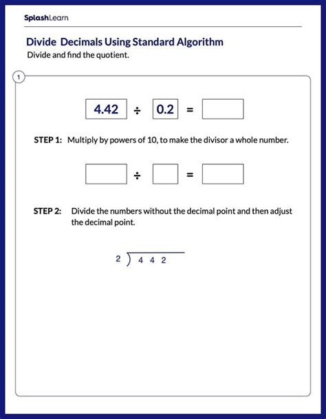 Standard Algorithm Steps To Divide Decimals Worksheet Printable Maths Sheet