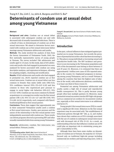 Pdf Determinants Of Condom Use At Sexual Debut Among Young Vietnamese