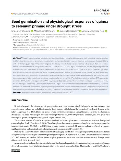 Pdf Seed Germination And Physiological Responses Of Quinoa To Selenium Priming Under Drought